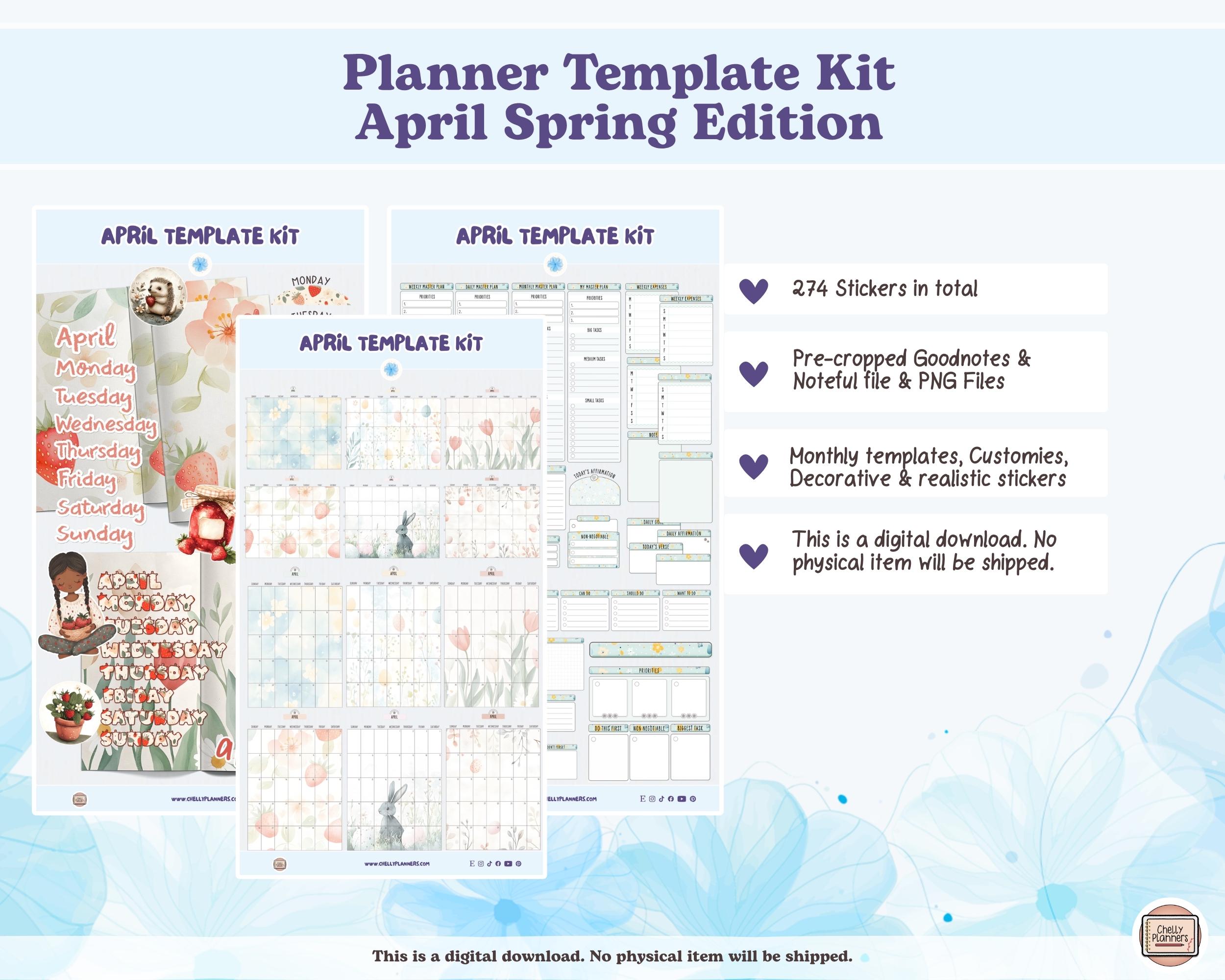 April Digital Planner Template Kit, Digital Stickers in PNG, for ...