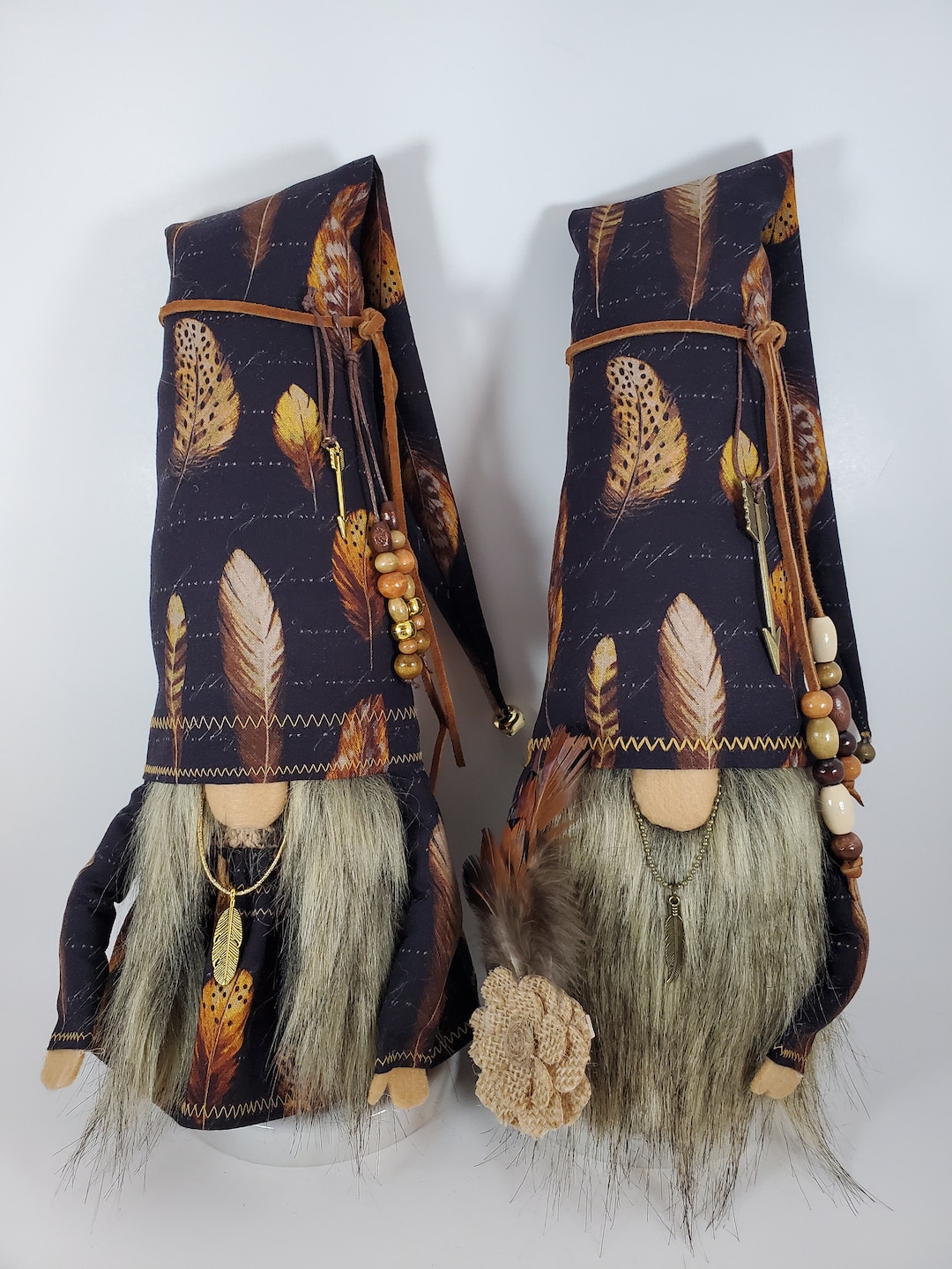 Southwest Feather Gnomes! Wears Antique Bronze or Gold Feather Necklace ...