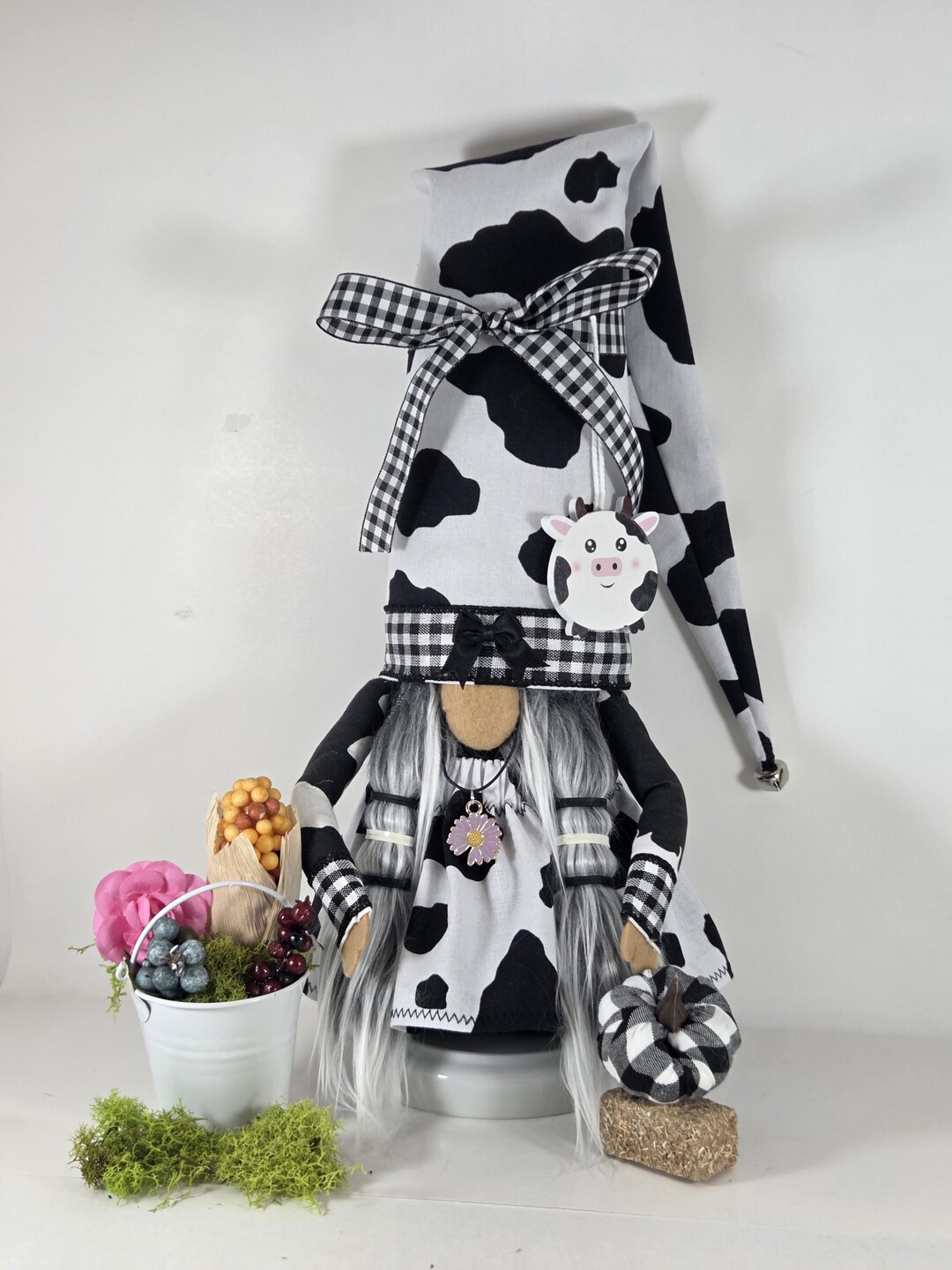 Holstein Cow Gnome, Wears Silver Charm Necklace & Silver Bell! Perfect ...