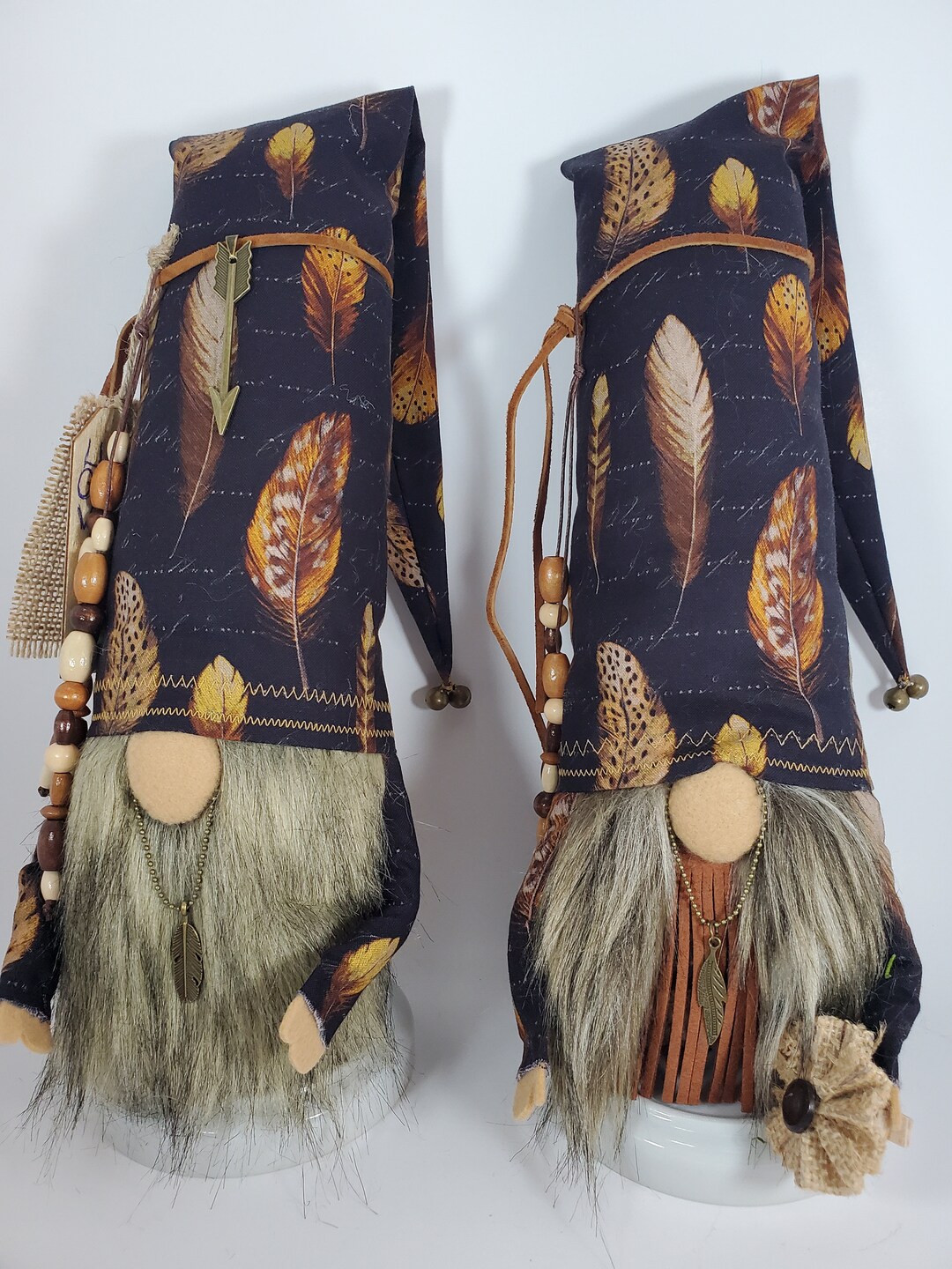 Southwest Brown Feather Gnomes Wearing a Brass Bronze Feather Necklace ...