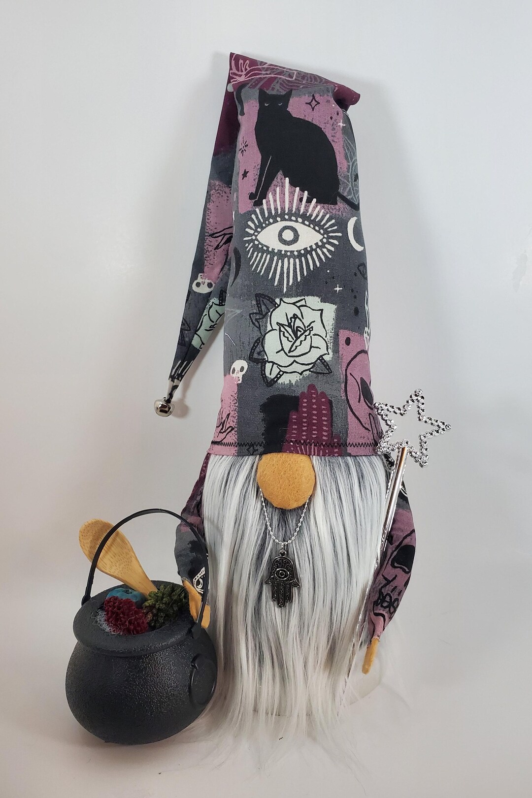 Tarot Gnome! Black Cat, Skull/hamsa Charm, Cauldron & Props - Etsy