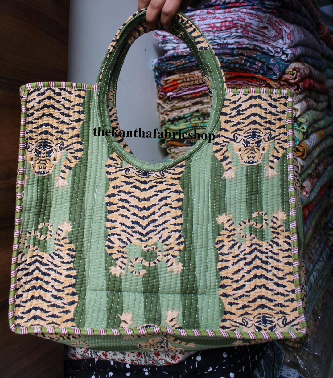 Green Tiger Print Quilted Cotton Tote Bag: Handmade Reversible Shopping ...
