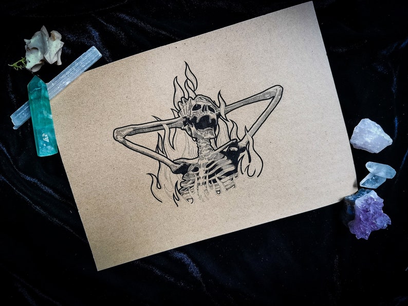 Burning in Hell - Print A4 Kraft Paper Skeleton Bones Fire Hell - Etsy