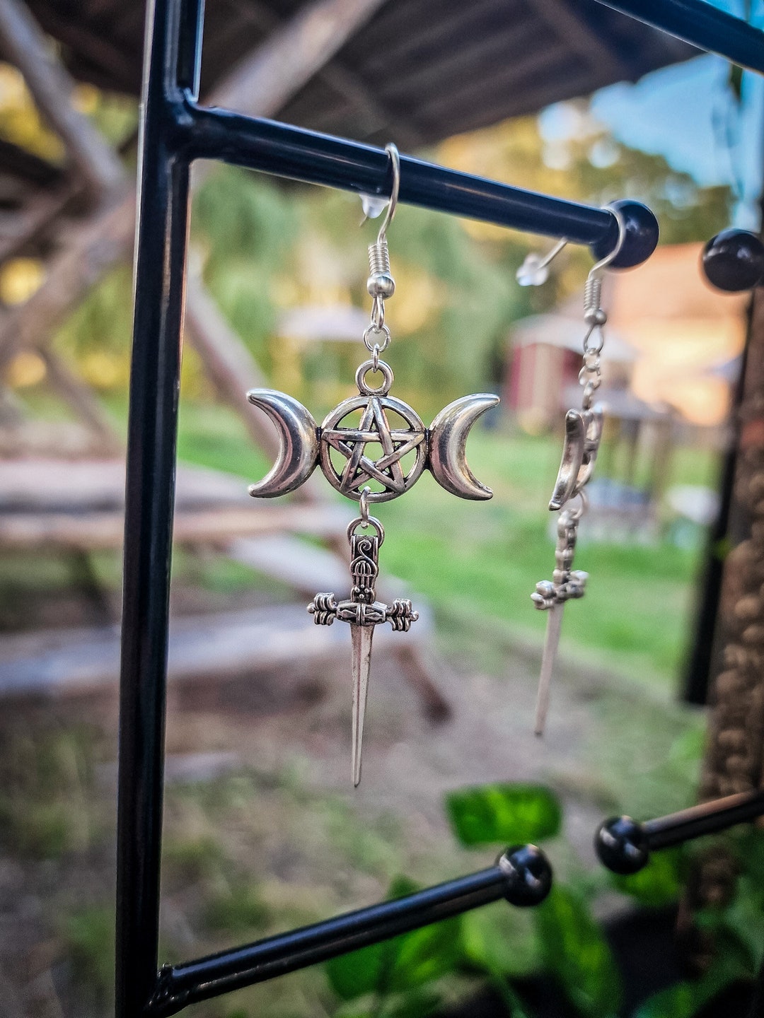 Triple Moon Dagger Ohrringe Hekate Pentagram versilbert silber ...