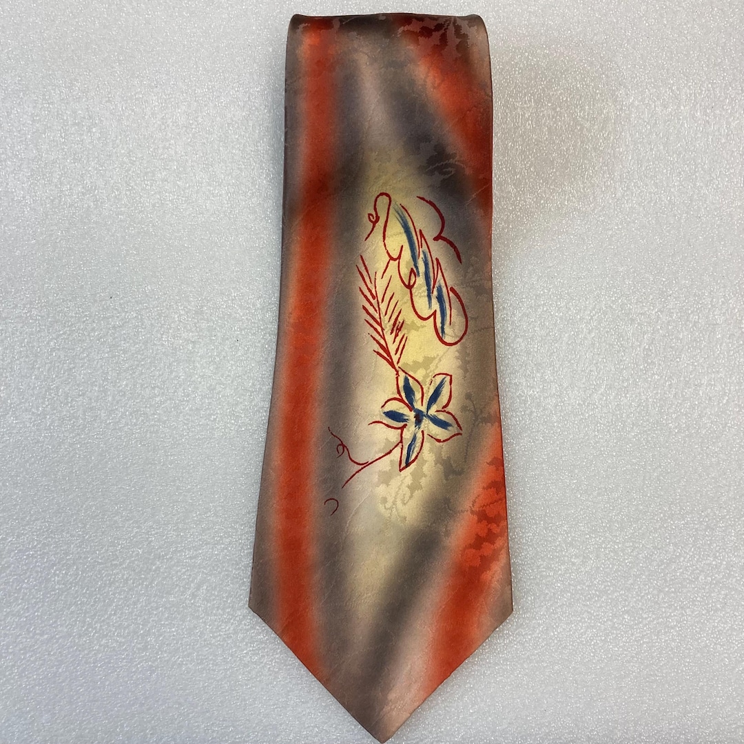 Wembley Tie Company | Red Gray Floral Art Pattern Silk Kipper Necktie 4 ...