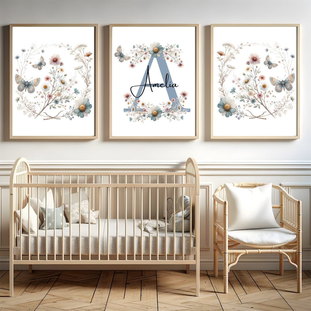 Custom Wildflowers Prints, Set of 3 Floral Initial Print, Boho Flower ...