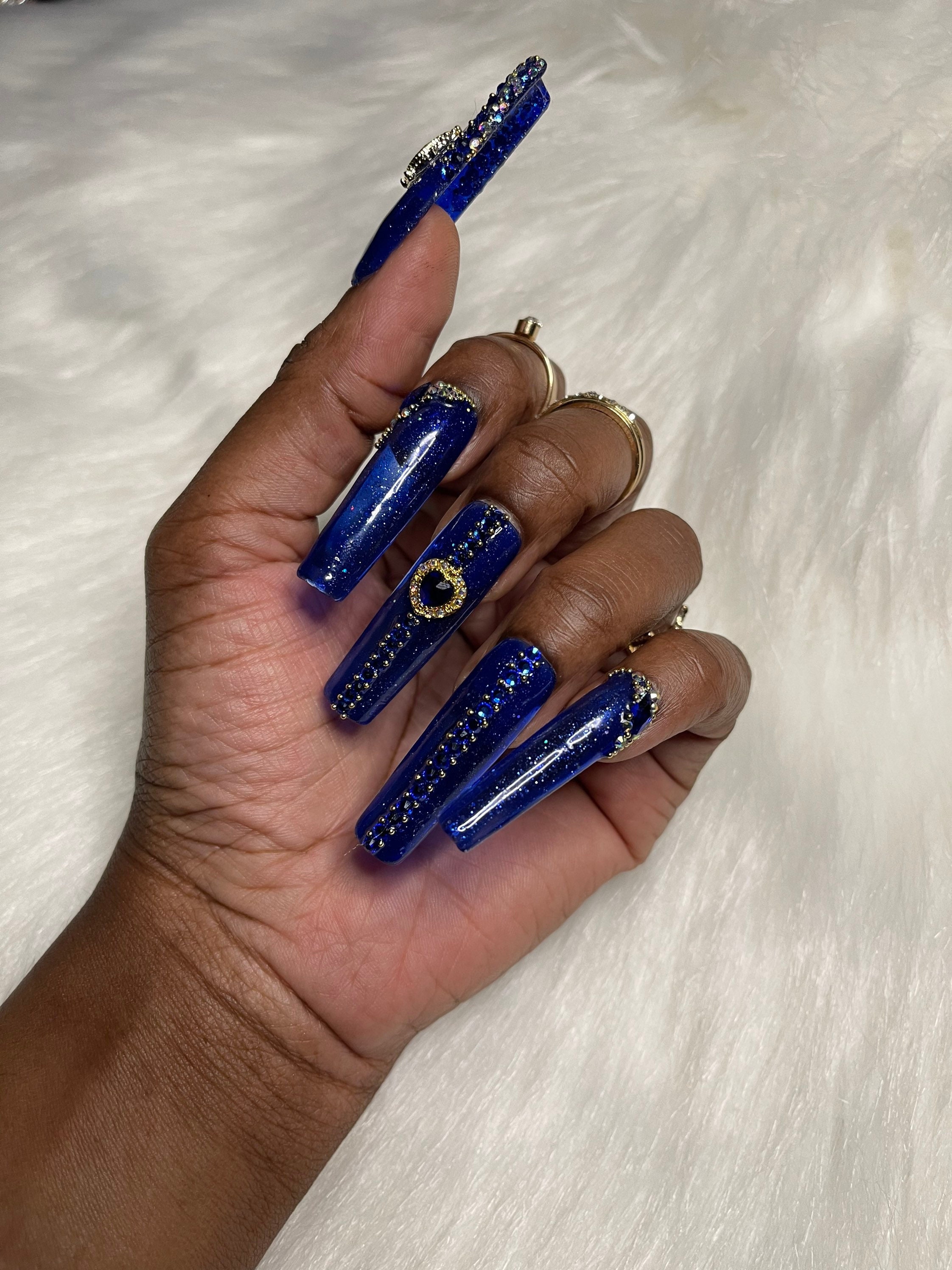 Royal Blue And Silver Prom Nails