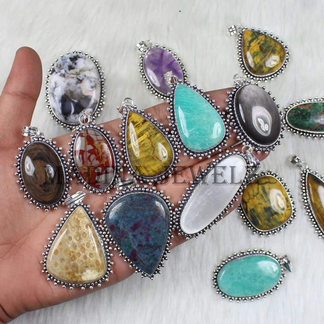 Natural Gemstone Pendant, Sterling Silver Pendant, Collet Pendant, Mix ...