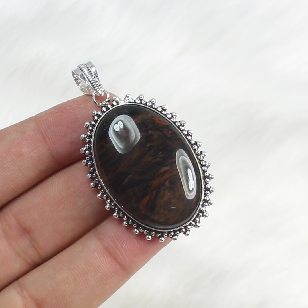 Natural Copper Obsidian Gemstone Pendant, Silver Plated Pendant, Collet ...