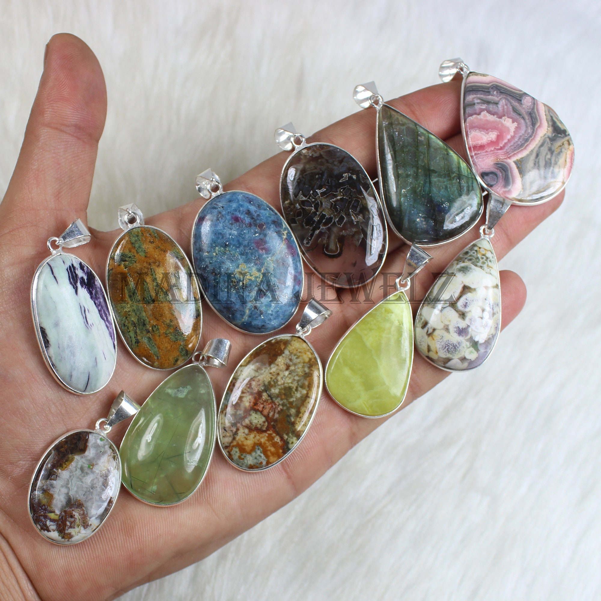 Natural Gemstone Pendant, Sterling Silver Pendant, Mix Cabochon Pendant ...