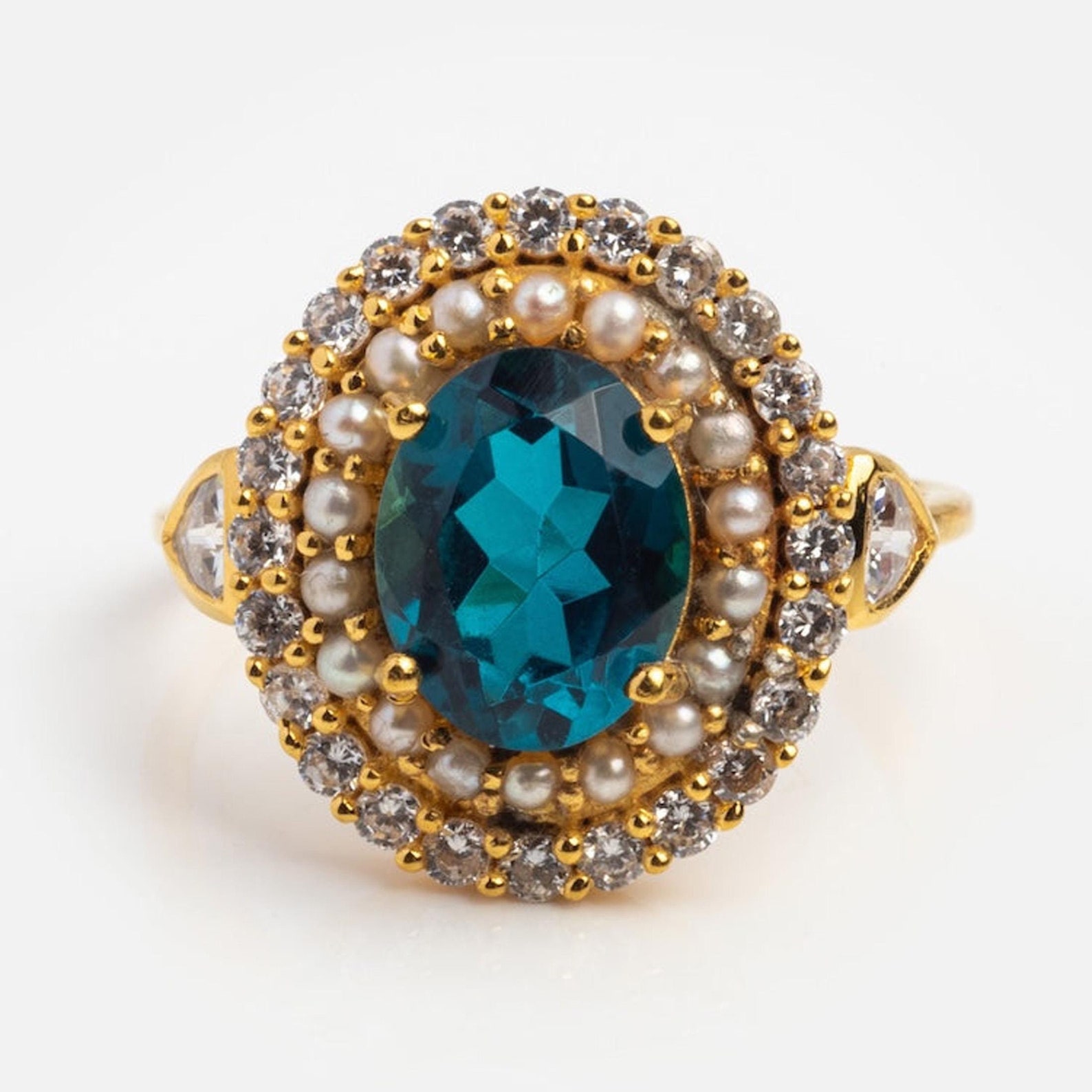 London Blue Topaz and Pearl Daphne Ring Halo Setting Cluster 14k Gold ...