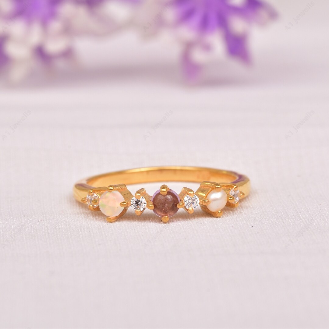 Antique Akoya Pearl and Opal Engagement Band Amethyst & CZ Diamond Half ...