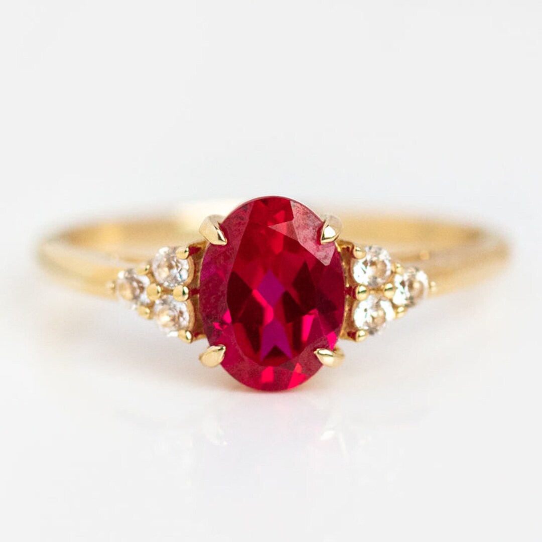14k Solid Gold Ruby Engagement Ring Oval Cut Ruby Promise Ring CZ ...