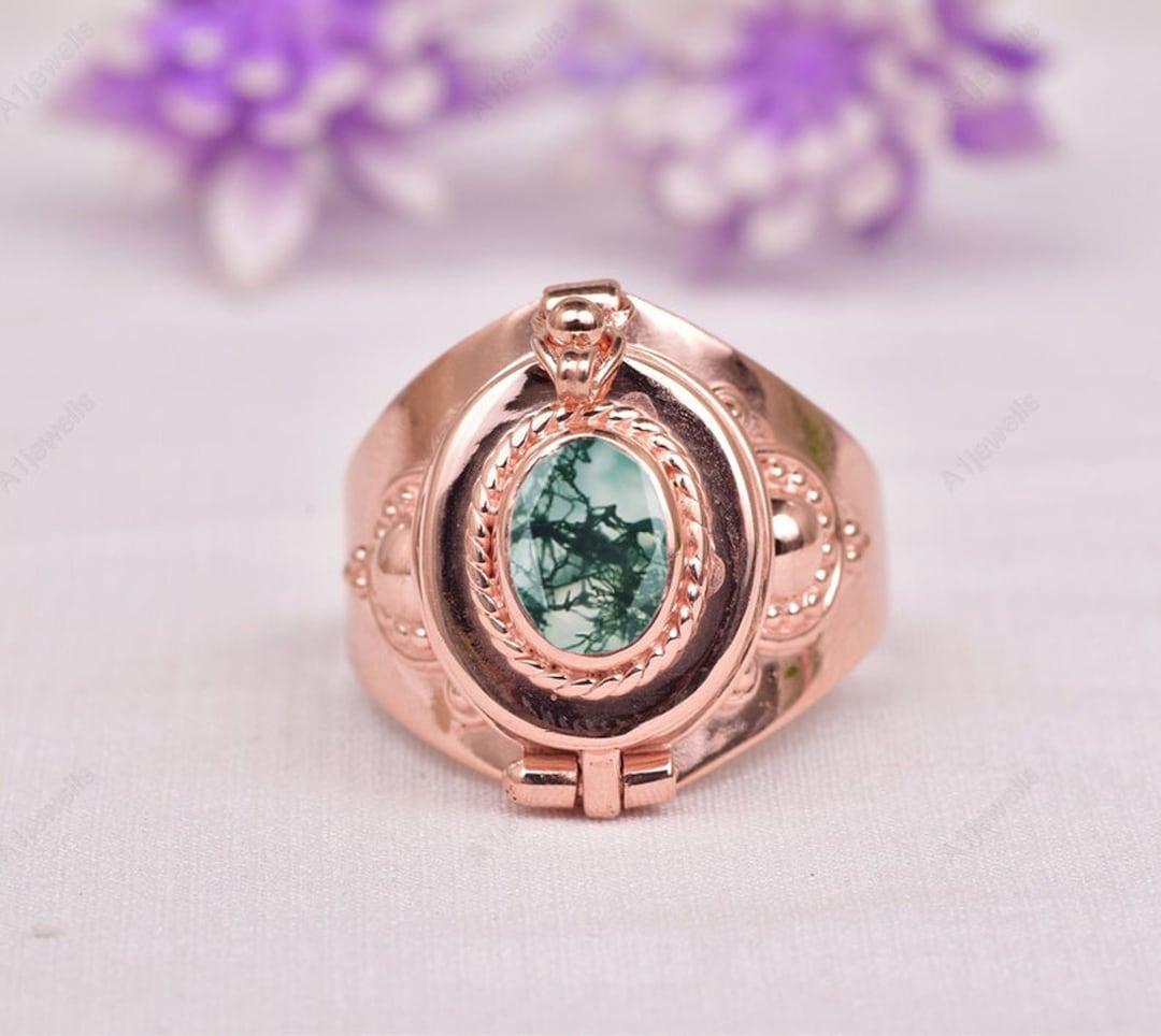 Moss Agate Pill Box Ring 925 Sterling Silver Ring Rose Gold Agate ...