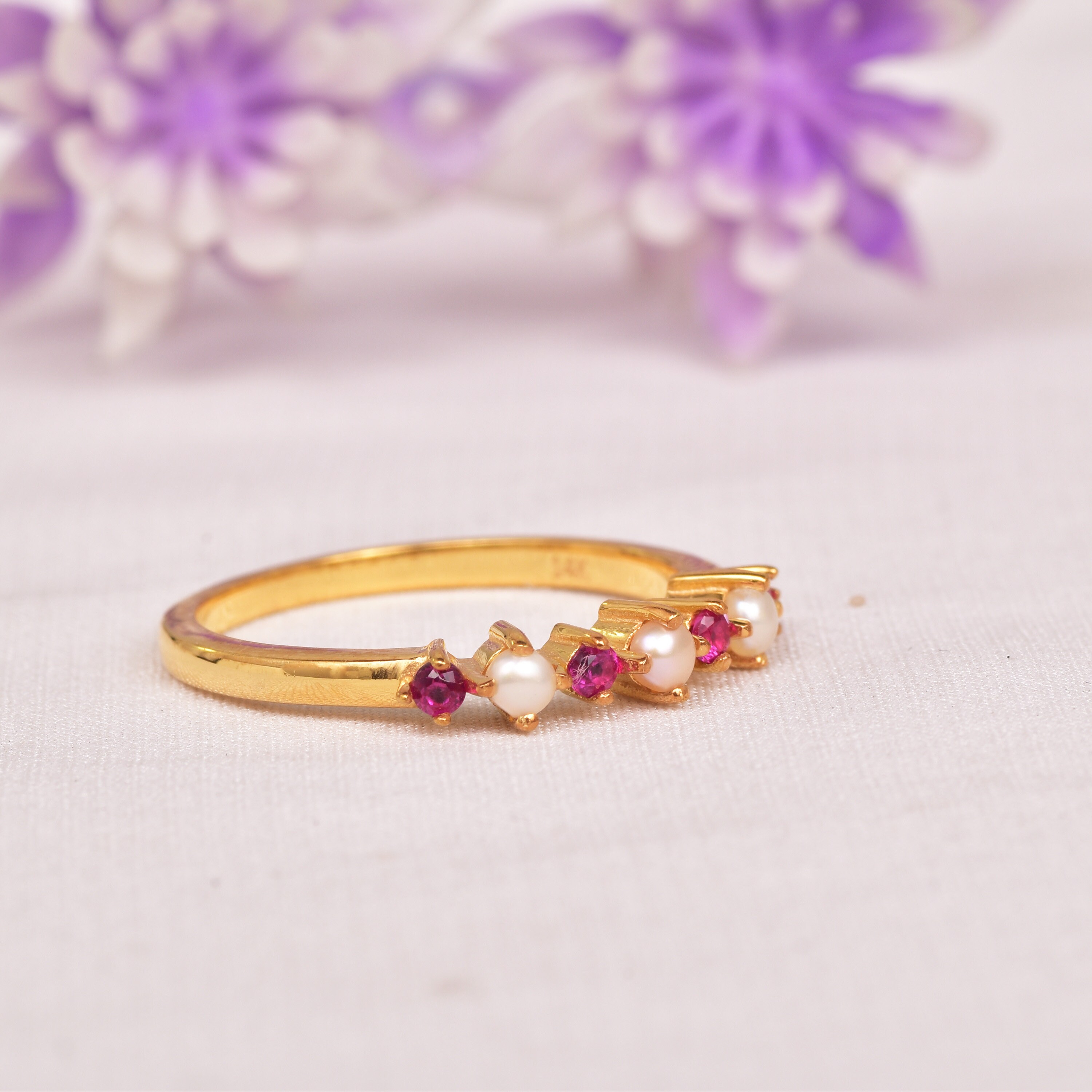 Freshwater Pearl and Ruby Wedding Band 18k Solid Gold Half Eternity ...