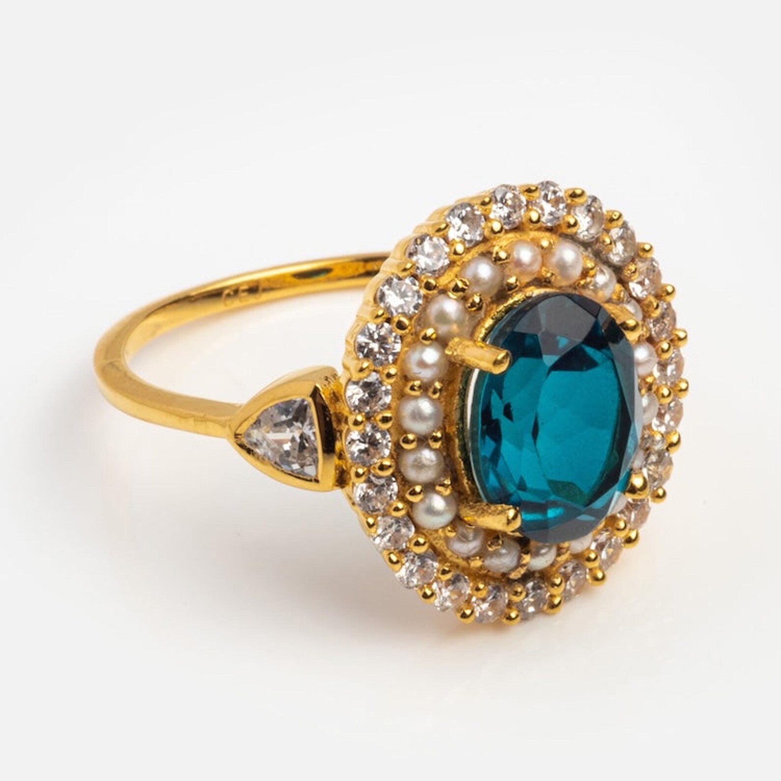 London Blue Topaz and Pearl Daphne Ring Halo Setting Cluster 14k Gold ...
