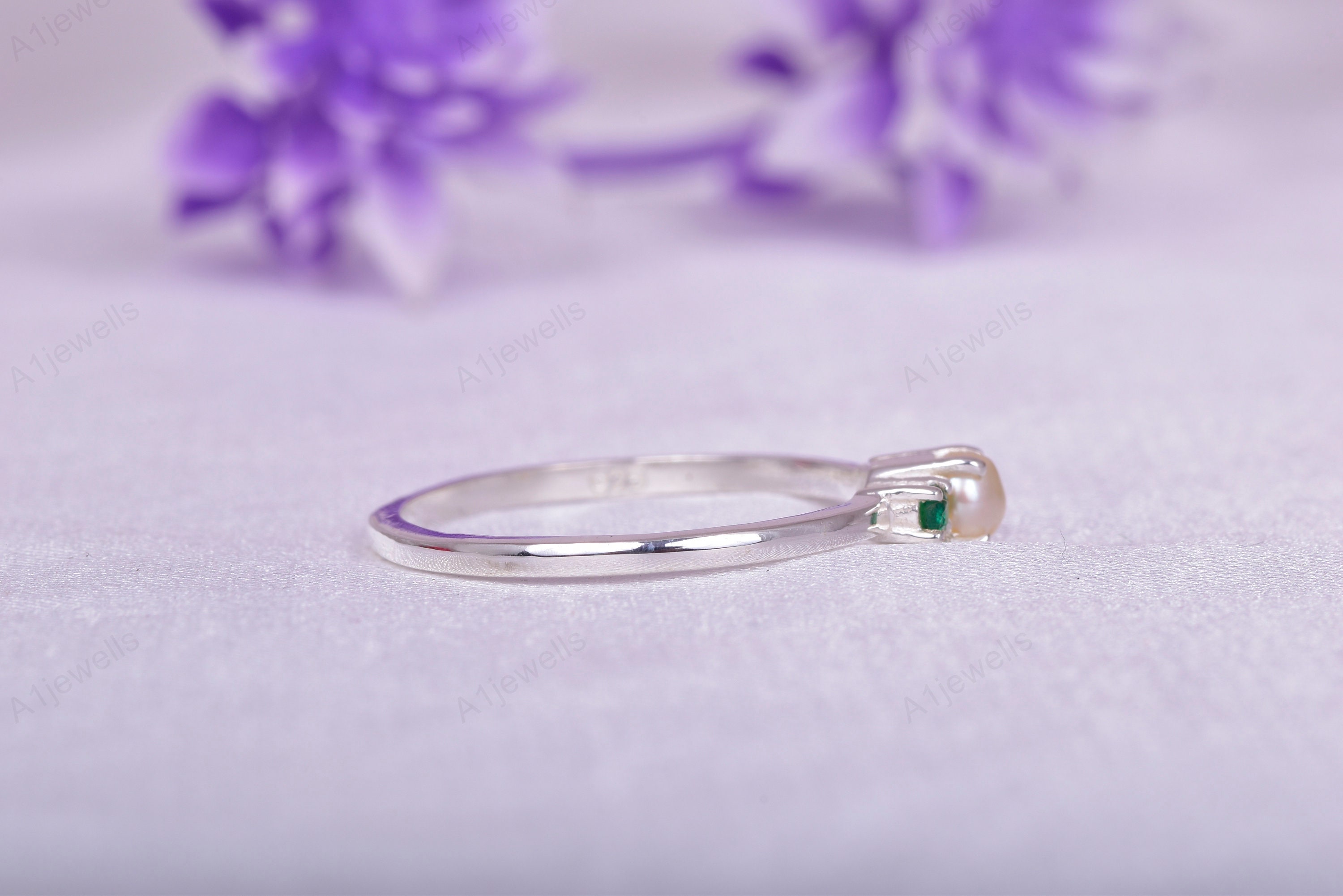 Freshwater Pearl & Emerald Ring, 925 Sterling Silver Ring Gold Wedding ...