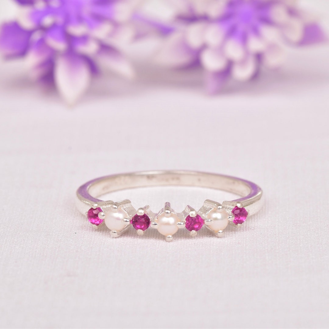 Freshwater Pearl and Ruby Wedding Band 18k Solid Gold Half Eternity ...