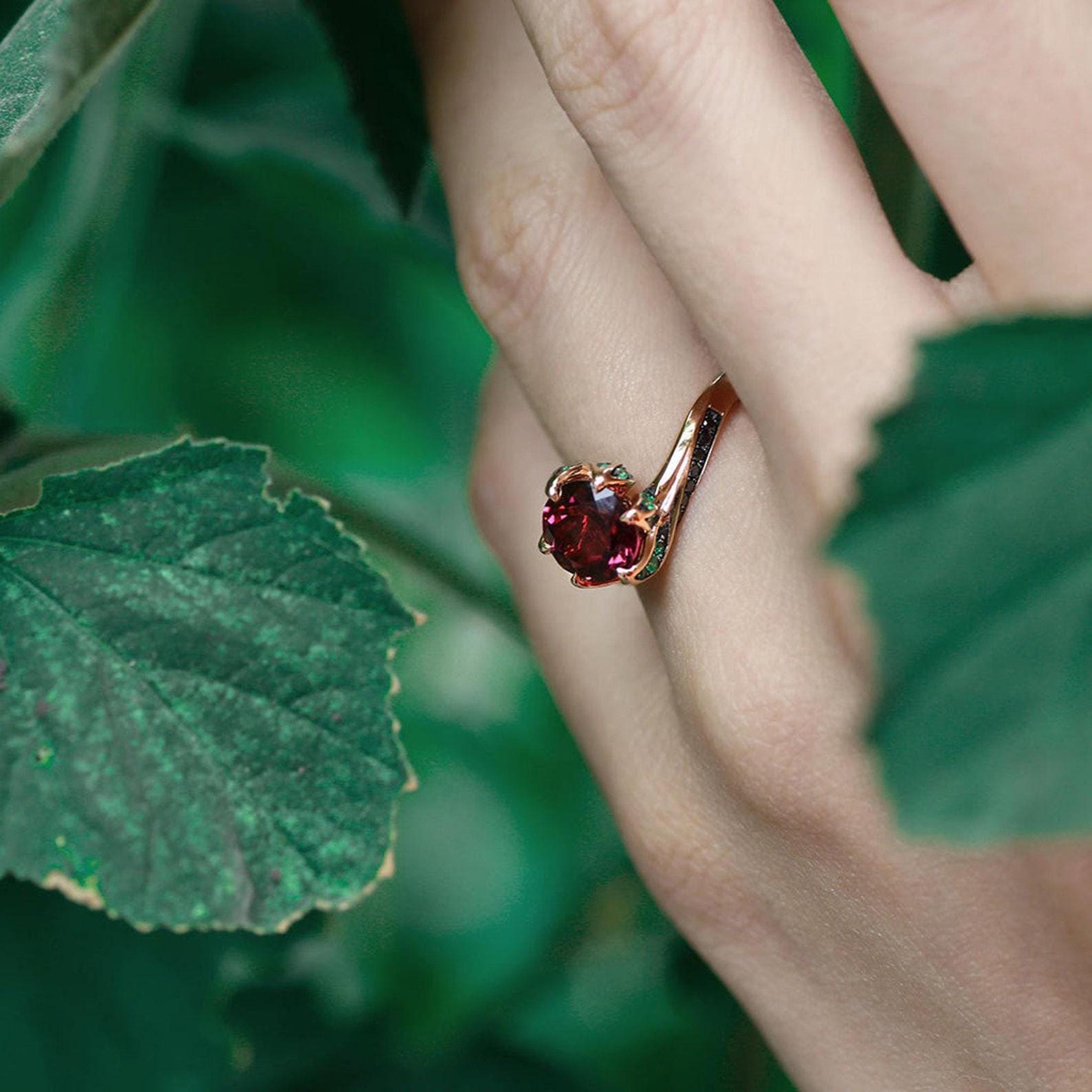 Red Ruby Engagement Ring, Emerald Onyx Gemstone July Birthstone Ring ...