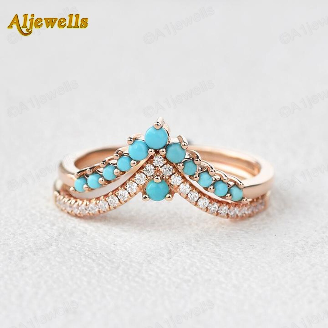 Turquoise Gemstone Ring Set Christmas Day Gift 10k/14k/18k Solid Gold ...