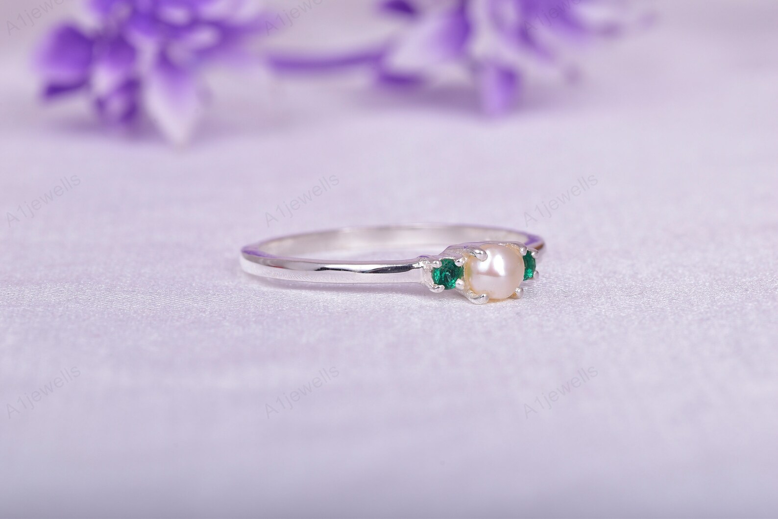Freshwater Pearl & Emerald Ring, 925 Sterling Silver Ring Gold Wedding ...