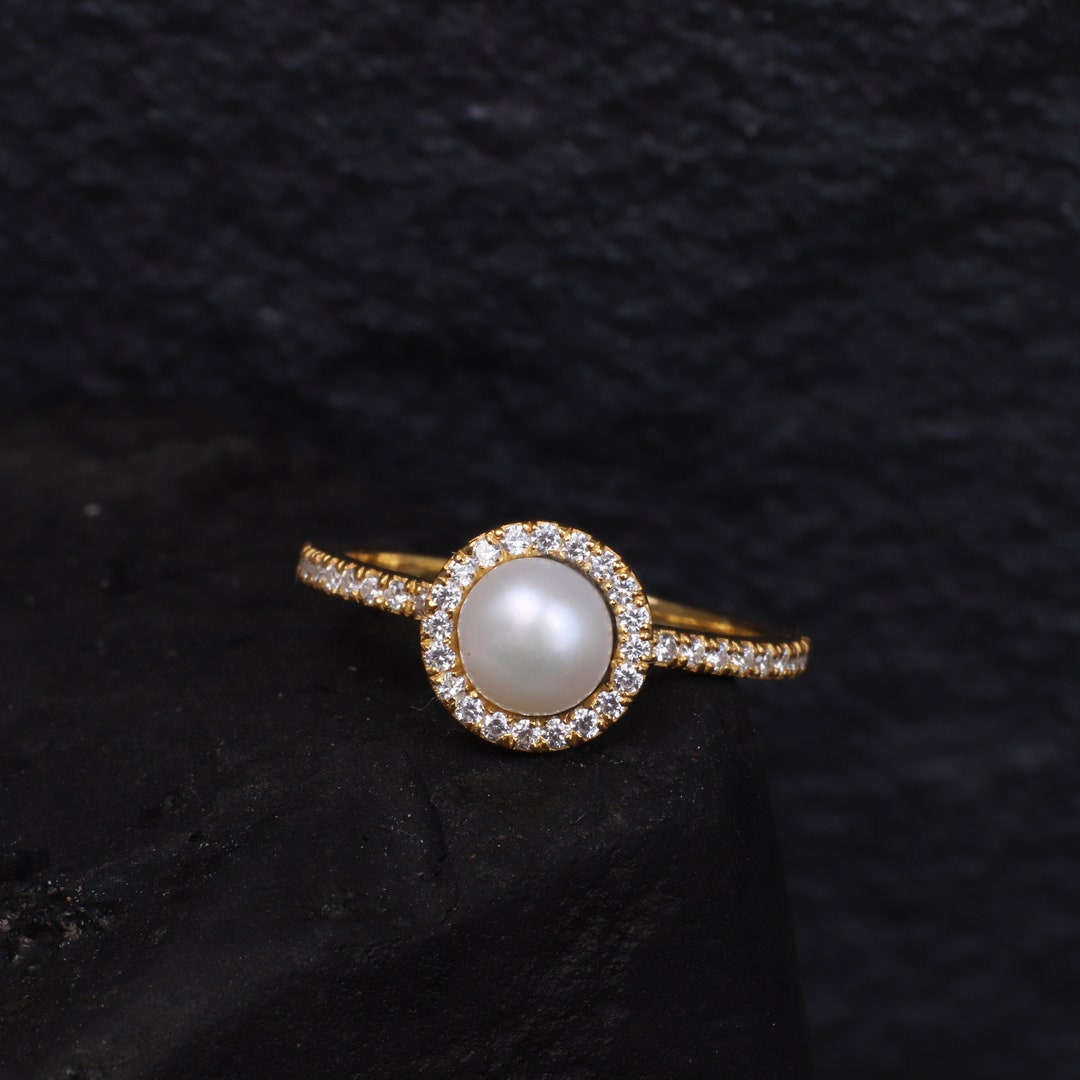 Vintage Pearl Engagement Ring Rose Gold Pearl Wedding Ring Channel ...