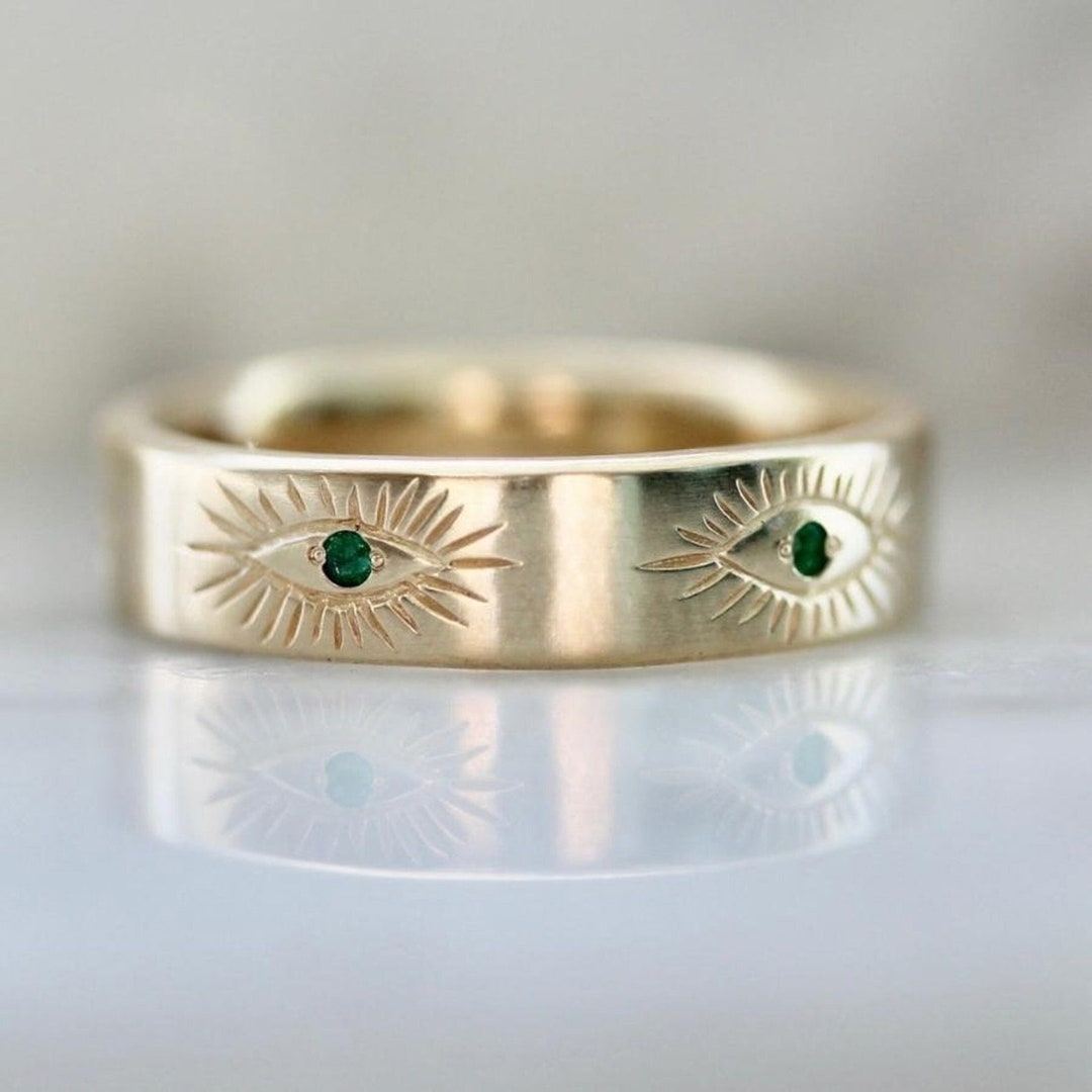 10K Solid Yellow Gold Evil Eye Wedding Ring Evil Eye Ring for Women ...