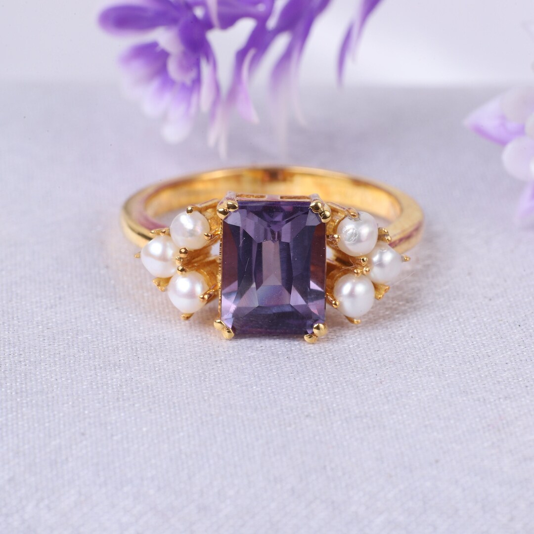 Octagon Cut Lab Alexandrite & Pearl Engagement Ring 14k Solid Yellow ...