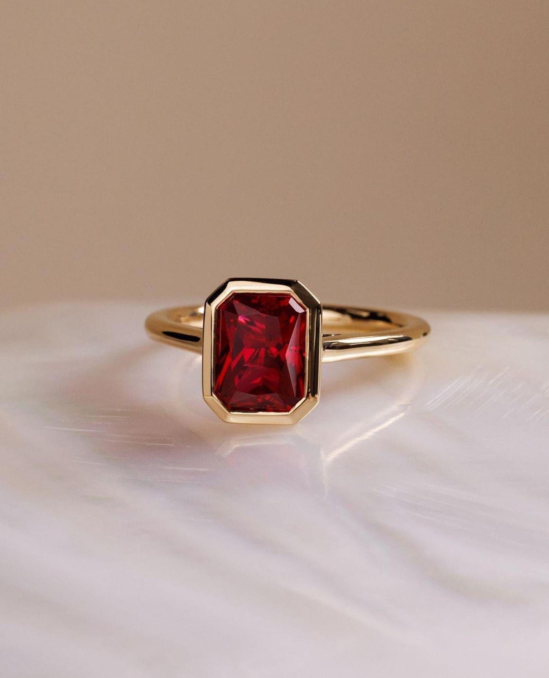 Bezel Set Ruby Ring 14K Solid Yellow Gold Gemstone Engagement Ring for ...