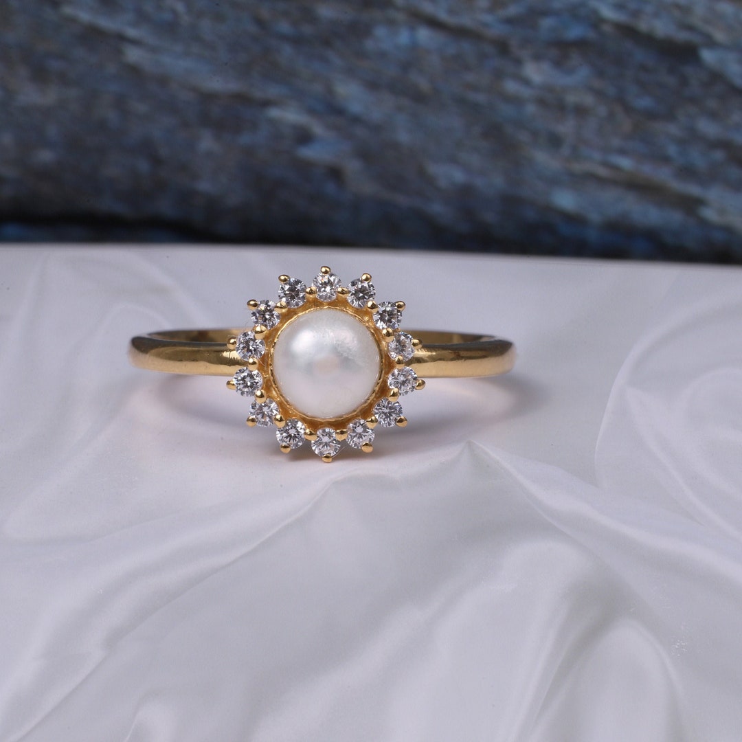 14k Rose Gold Pearl Ring Engagement Ring Pearl Wedding Ring Diamond ...