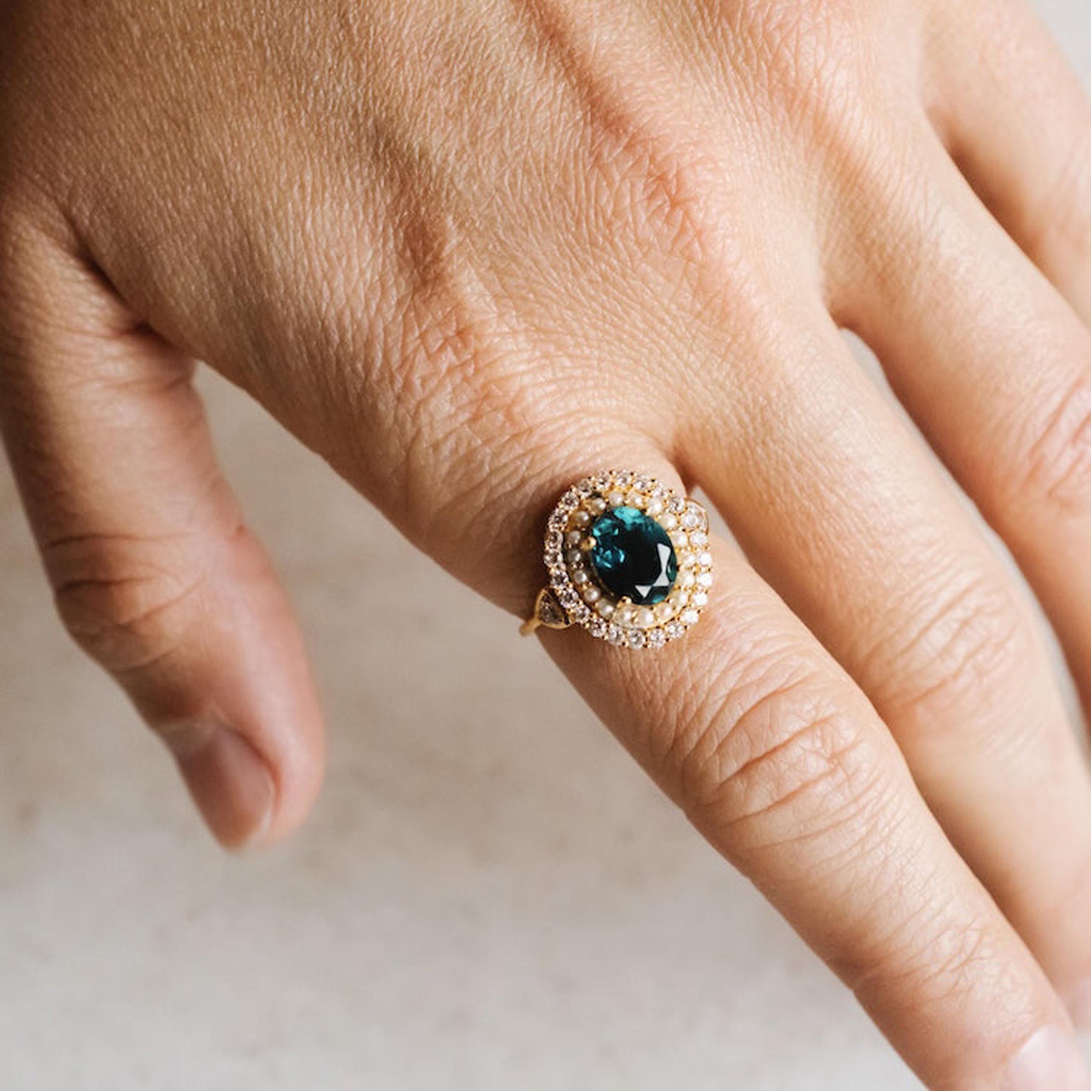 London Blue Topaz and Pearl Daphne Ring Halo Setting Cluster 14k Gold ...