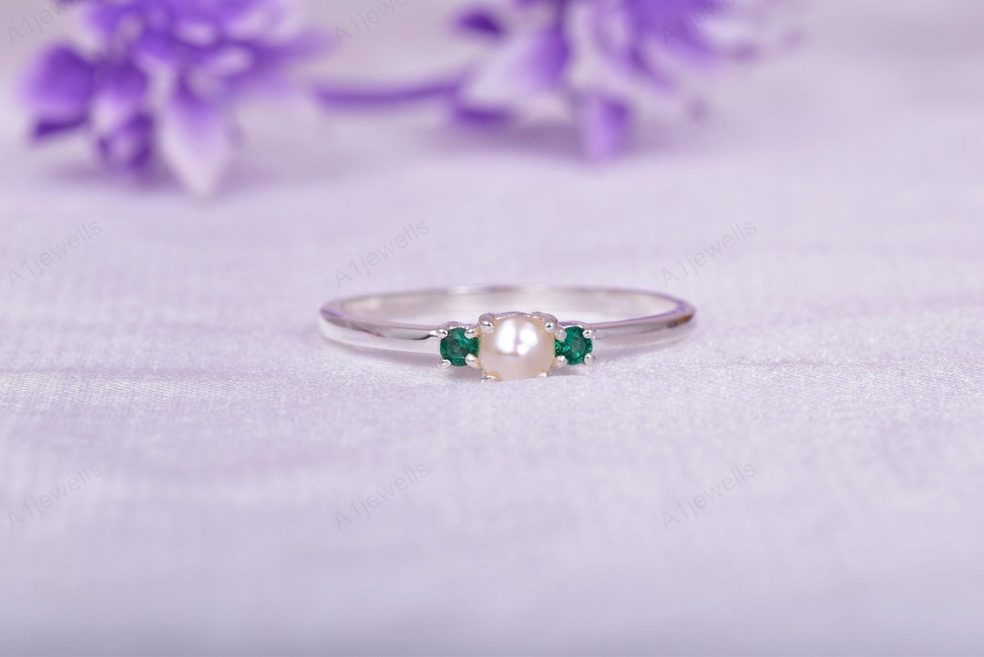 Freshwater Pearl & Emerald Ring, 925 Sterling Silver Ring Gold Wedding ...