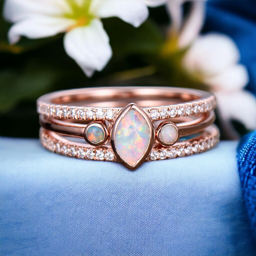 Opal Wedding Ring Set Opal Ring Split Shank Engagement Ring Set Rose Gold Plated Unique Opal ...