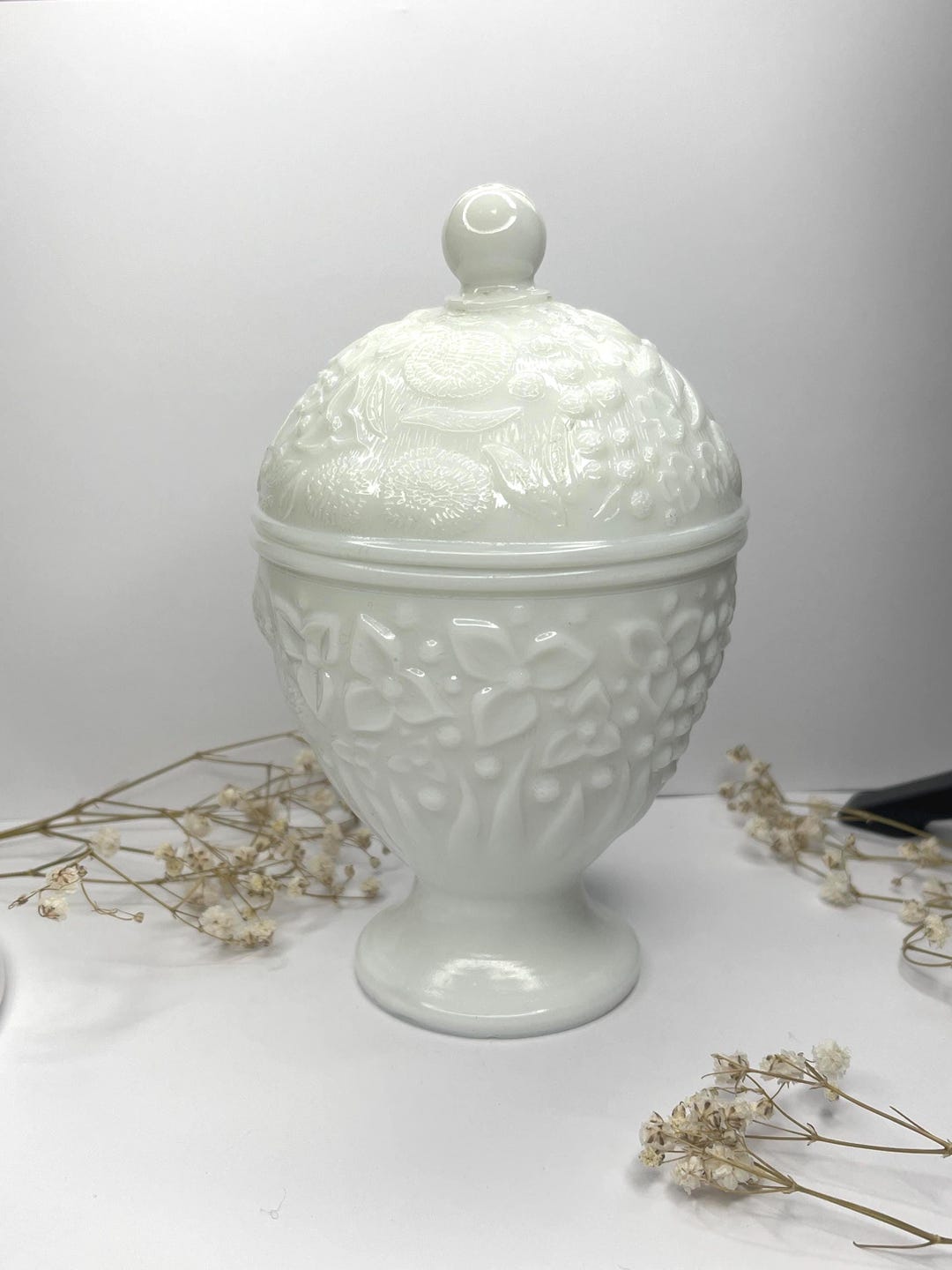 White Milk Glass Sugar Bowl With Lid by Avon, Floral Motif, Vintage ...