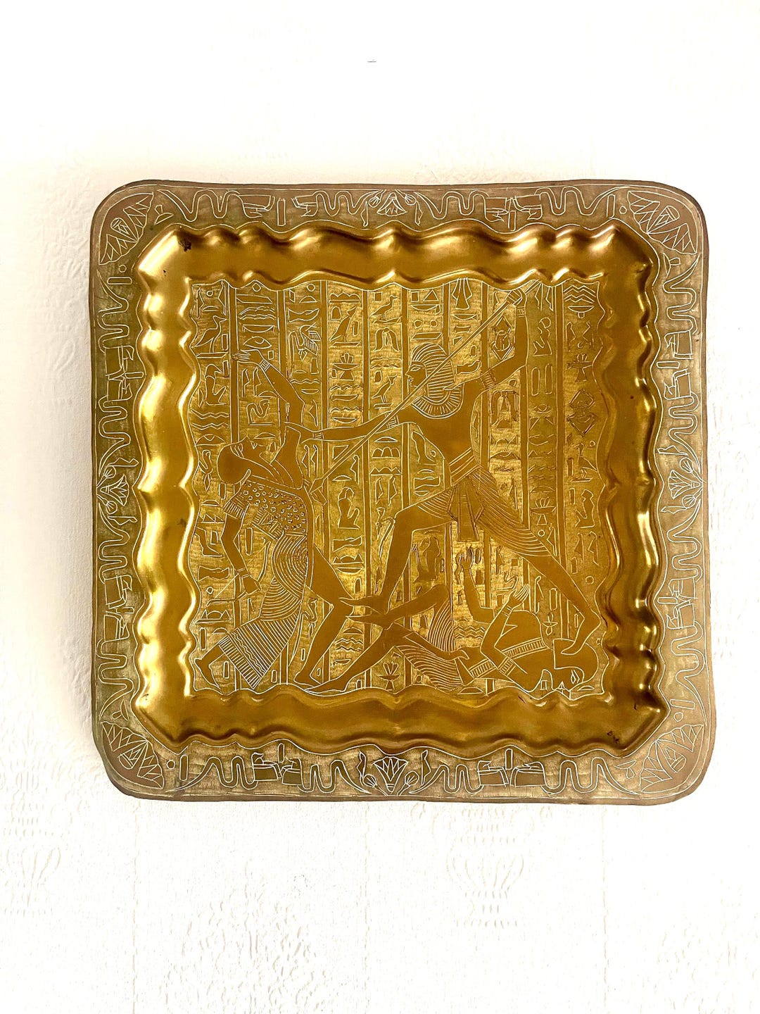 Vintage Egyptian Brass Serving Tray, Hand Engraved Pharaoh Motif ...