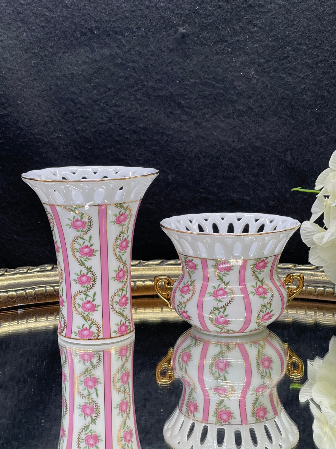 Leonardo Collection Vintage Pink Rose Lattice Ceramic Vases-gold Gilt ...