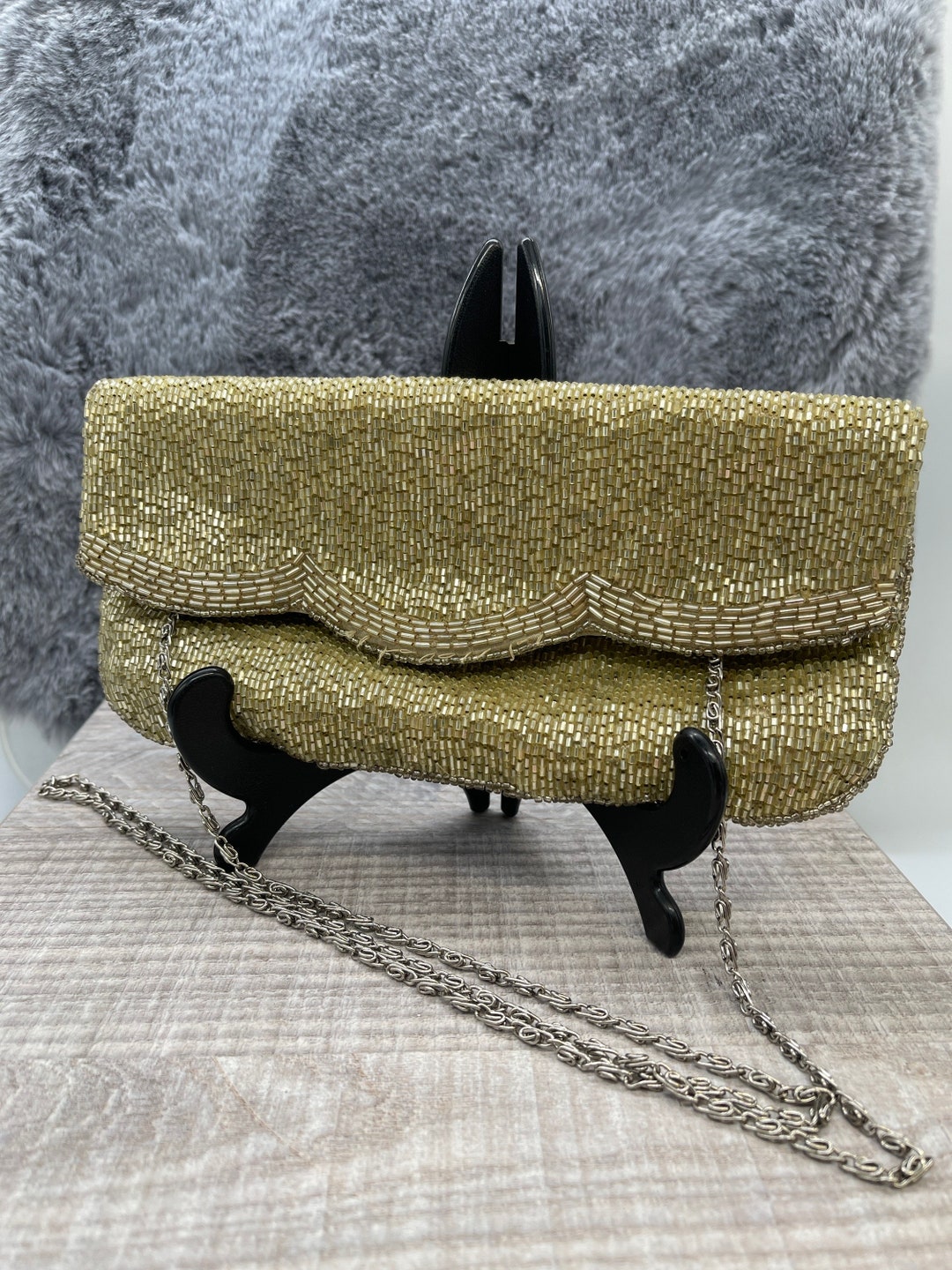 Vintage Pale Gold Beaded Clutch Bag - Marks & Spencer Evening Bag ...