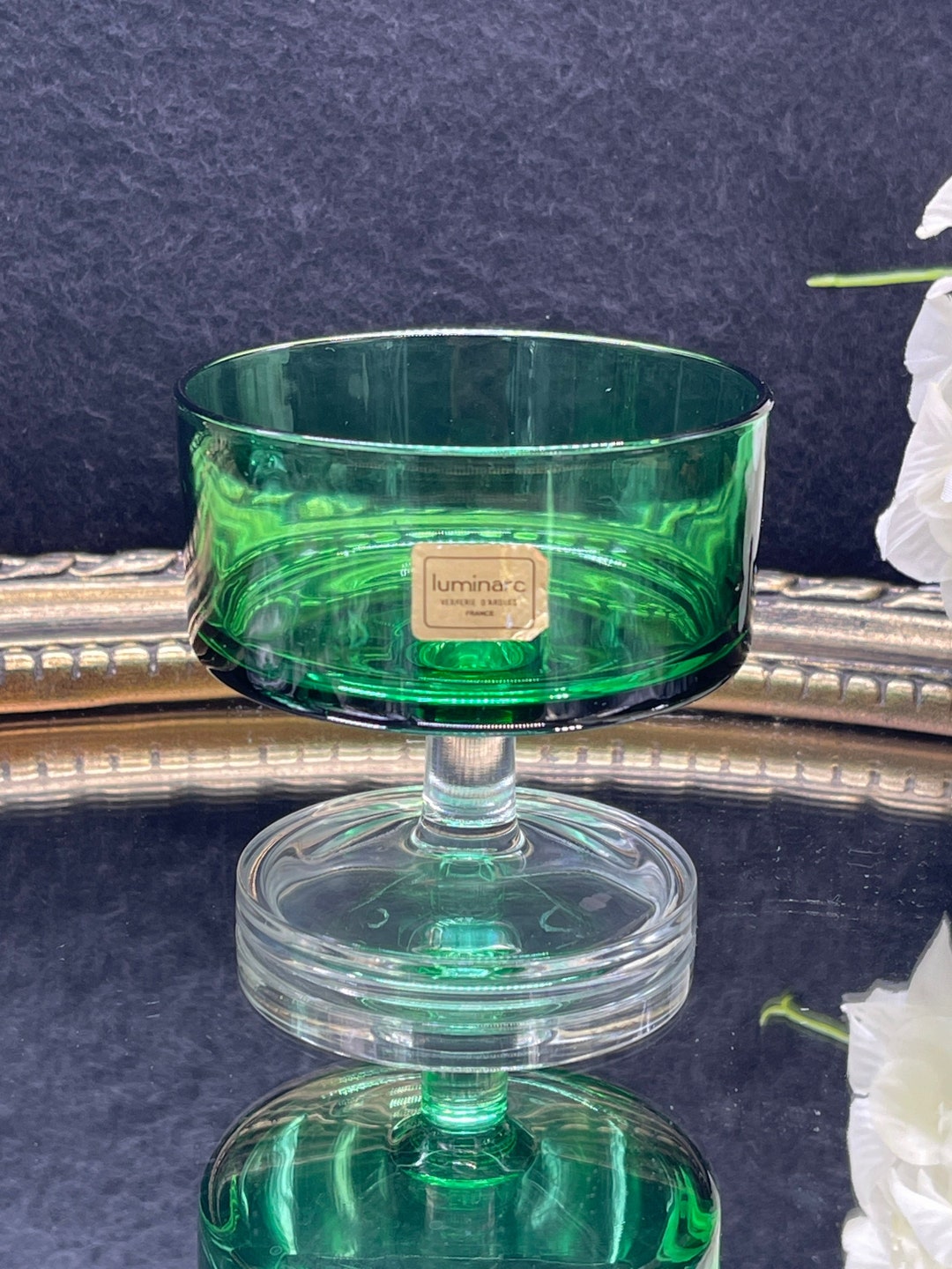 Vintage French Green Luminarc Champagne Glasses , Luminarc Dessert Cups ...