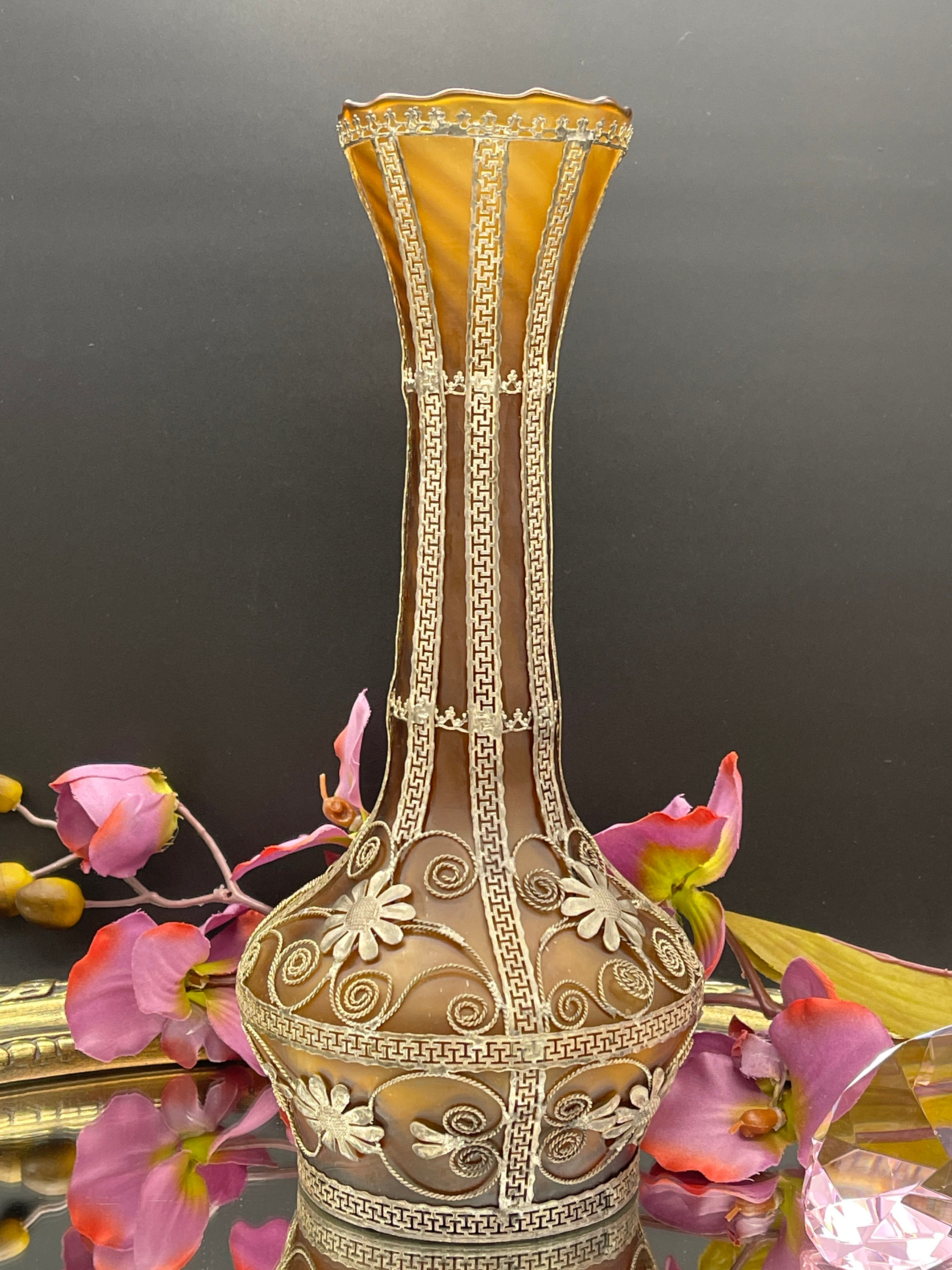 Vintage Greek Filigree Silver Overlay and Orange Frosted Glass - Etsy