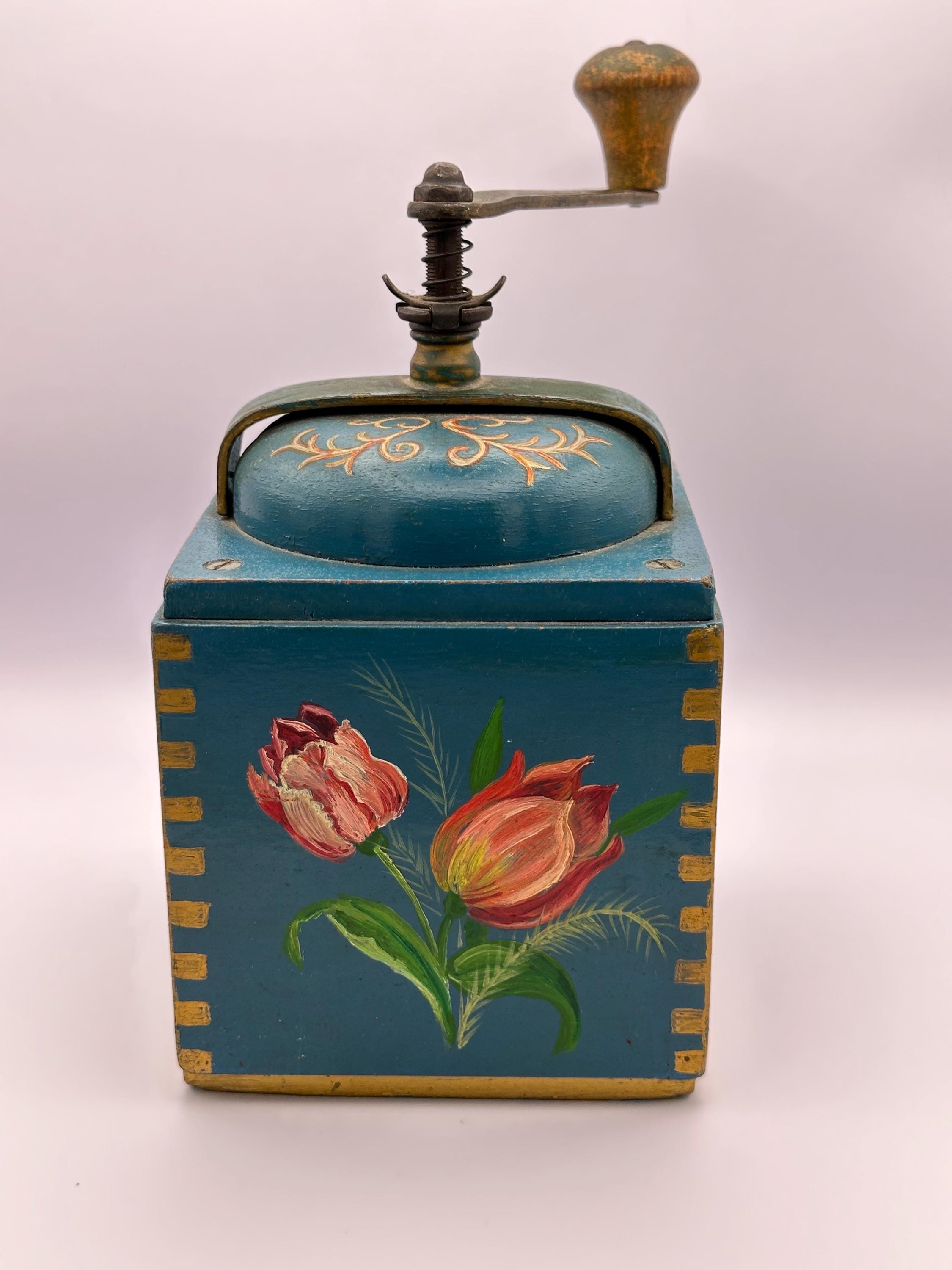 Antique Blue Wooden Coffee Grinder Mill, Hand Painted Farmhouse Decor ...