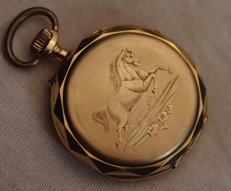 14K Gold Pocket Watch, Antique Gold Mens Pocket Watch, Beautiful Horse ...