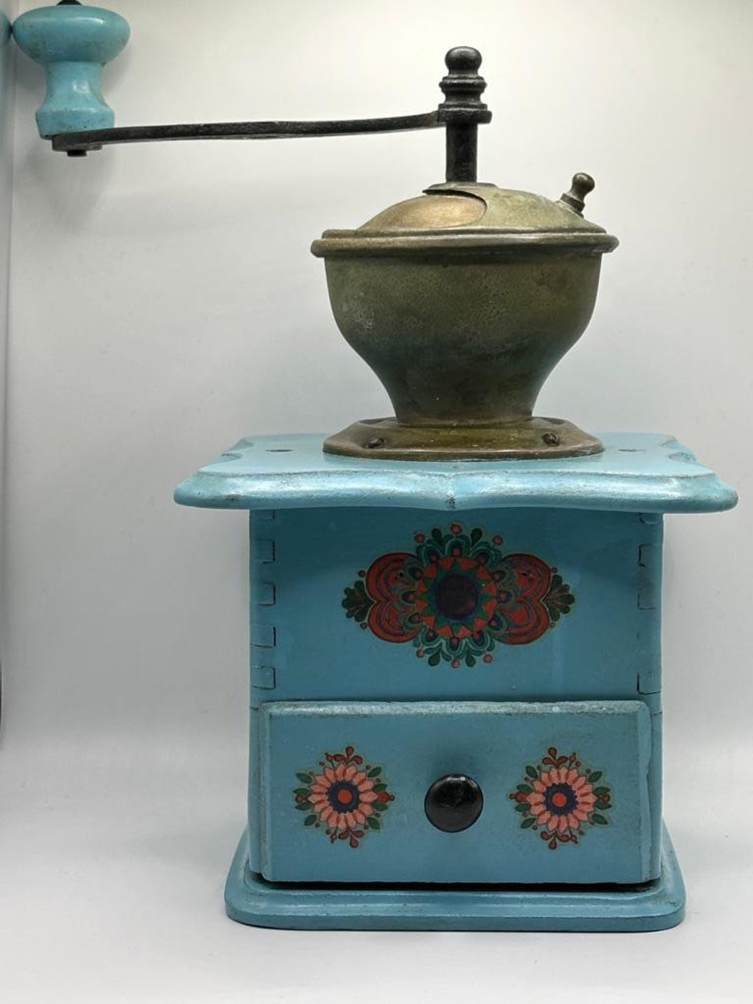 Antique Wooden Hand Painted Coffee Grinder Mill, Turquoise Coffee ...