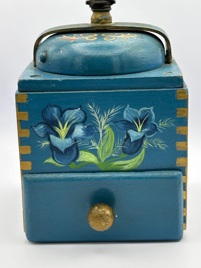 Antique Wooden Hand Painted Coffee Grinder Mill, Blue Coffee Grinder ...