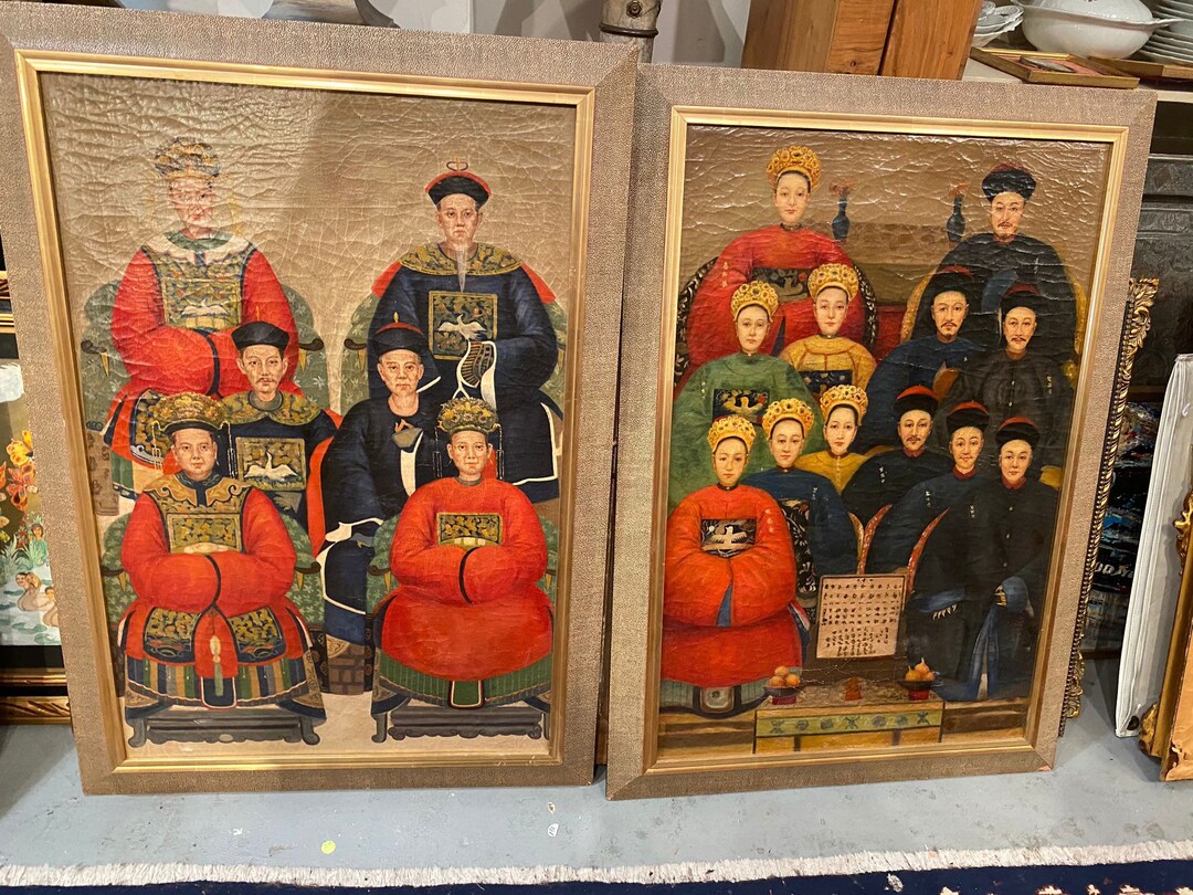 Antique Old Large Pair of Chinese Paintings, Original Oil on Canvas ...