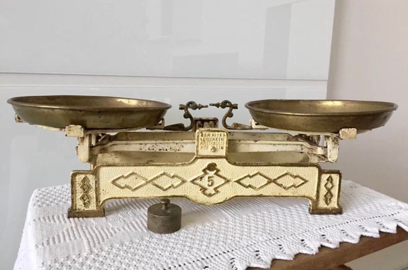 Antique Metal Scales With Brass Bowls 1 Free Weight, Vintage Scale ...