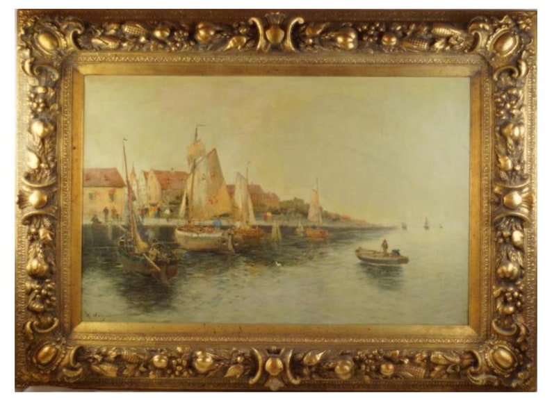 Karl Wagner (1839-1923) Oil on Canvas, Very Large Dutch Harbor Scene ...