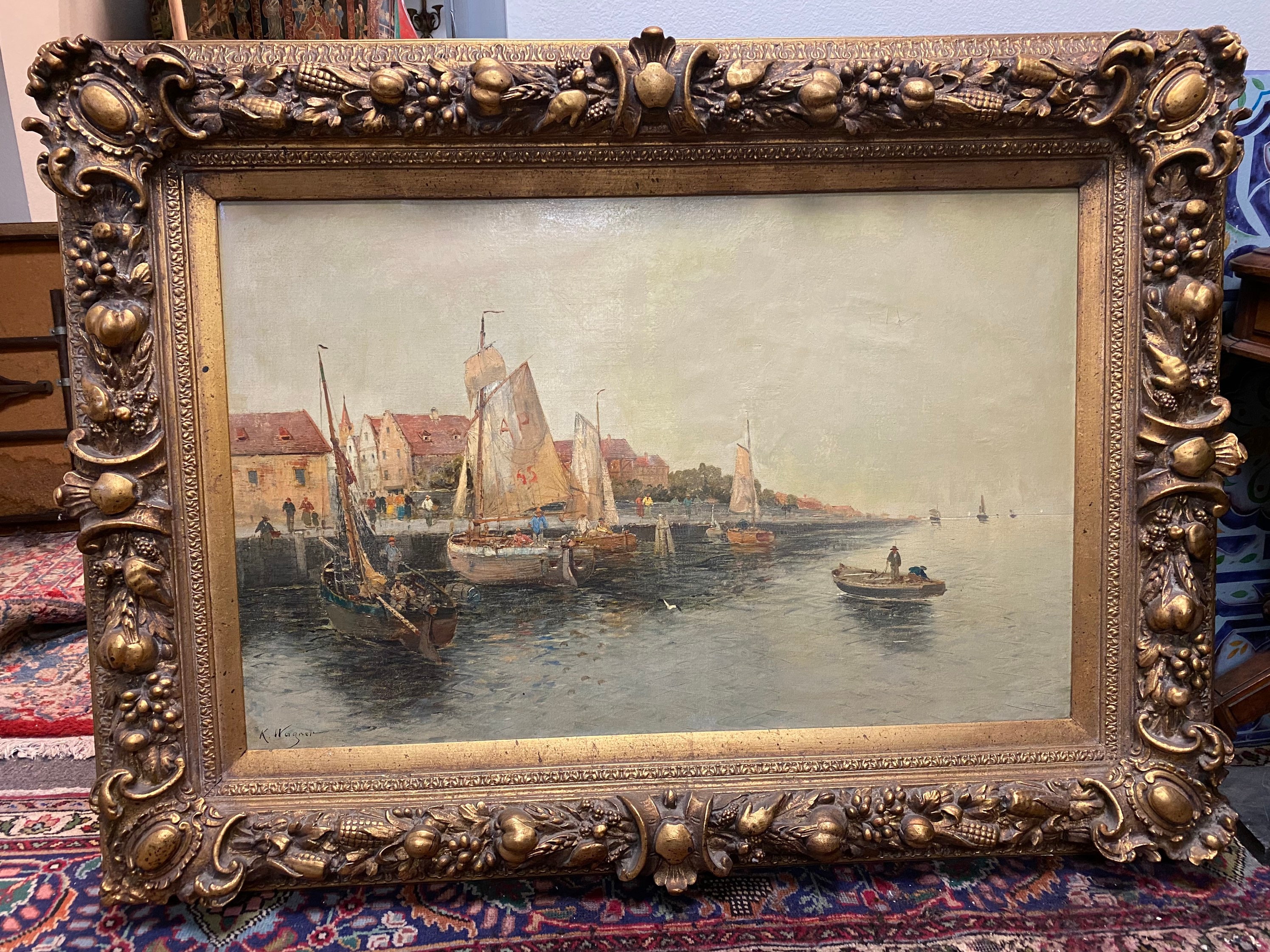 Karl Wagner (1839-1923) Oil on Canvas, Very Large Dutch Harbor Scene ...