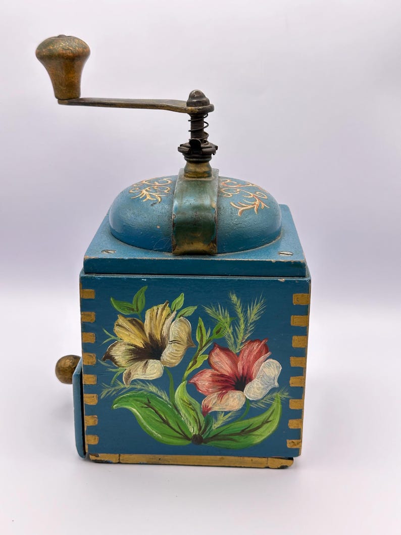 Antique Blue Wooden Coffee Grinder Mill, Hand Painted Farmhouse Decor ...