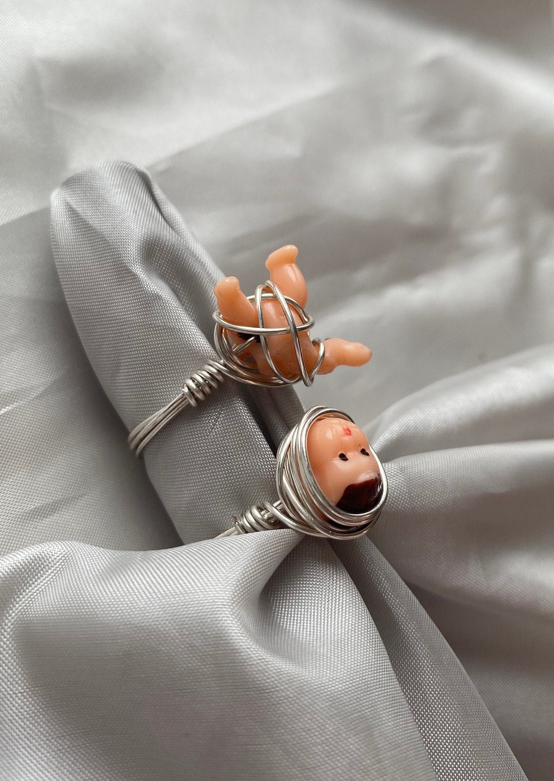 White Baby Head and White Baby Body Ring Set, Wire Wrap Rings beige ...