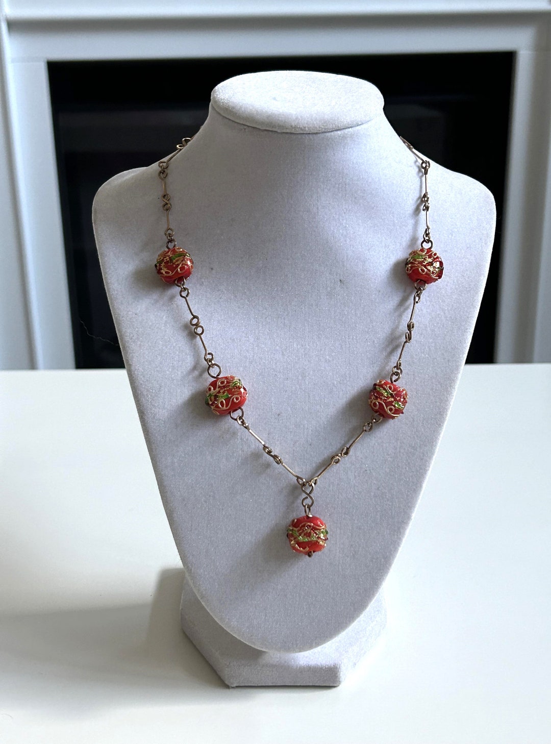 Art Deco Red Glass Wedding Cake Bead Necklace, Venetian or Murano ...